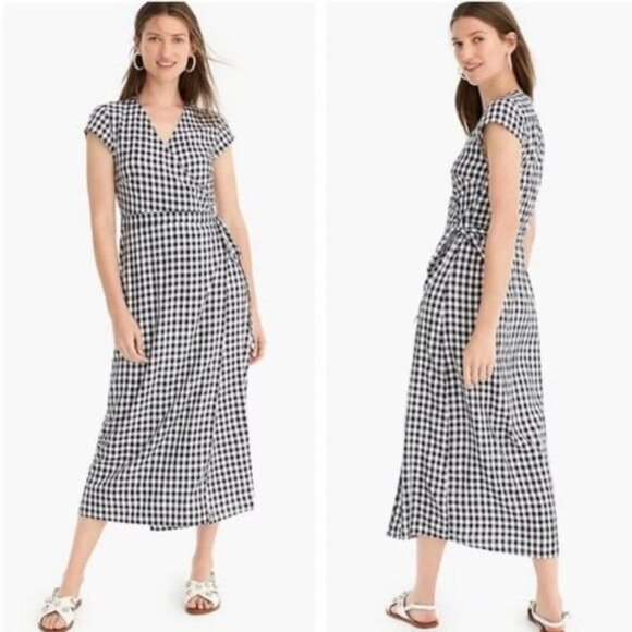 J. Crew Factory | Dresses | J Crew Gingham Wrap Midi Dress Navy White ...